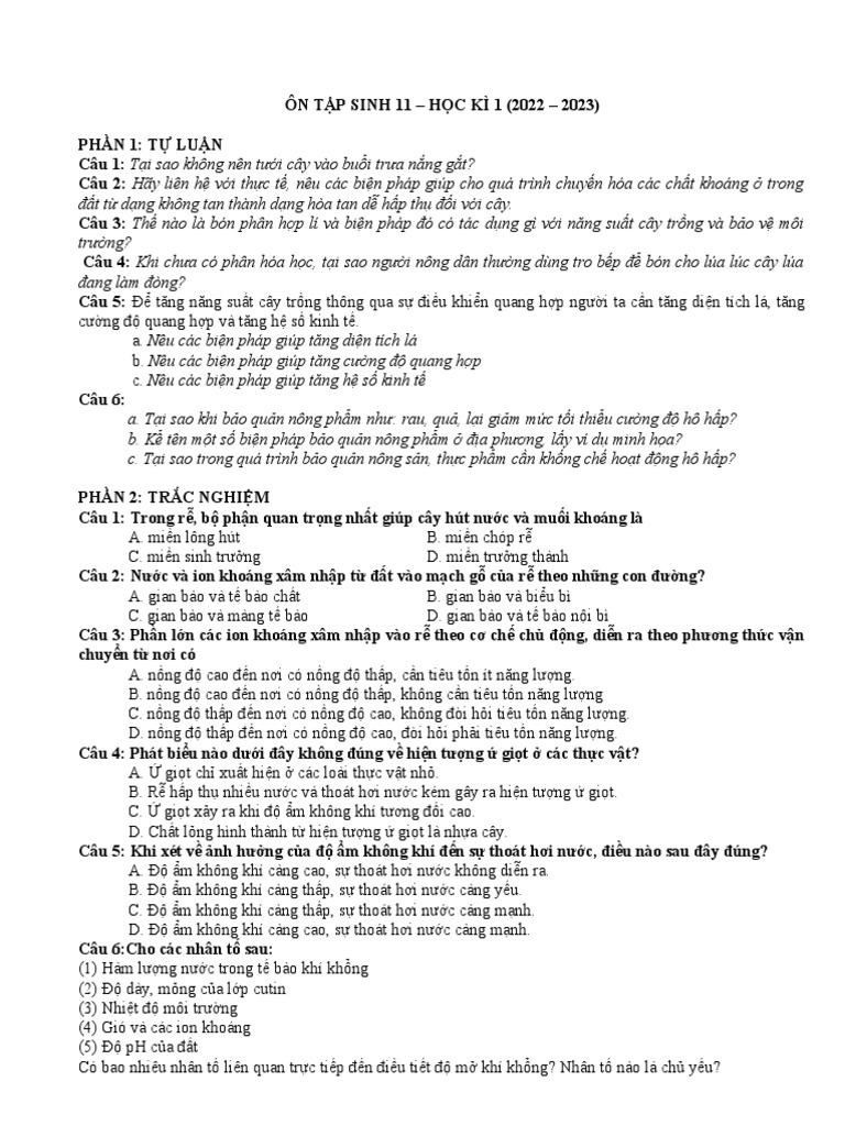 ĐC ÔN-TẬP-SINH-11-HK1-2022-2023 | PDF