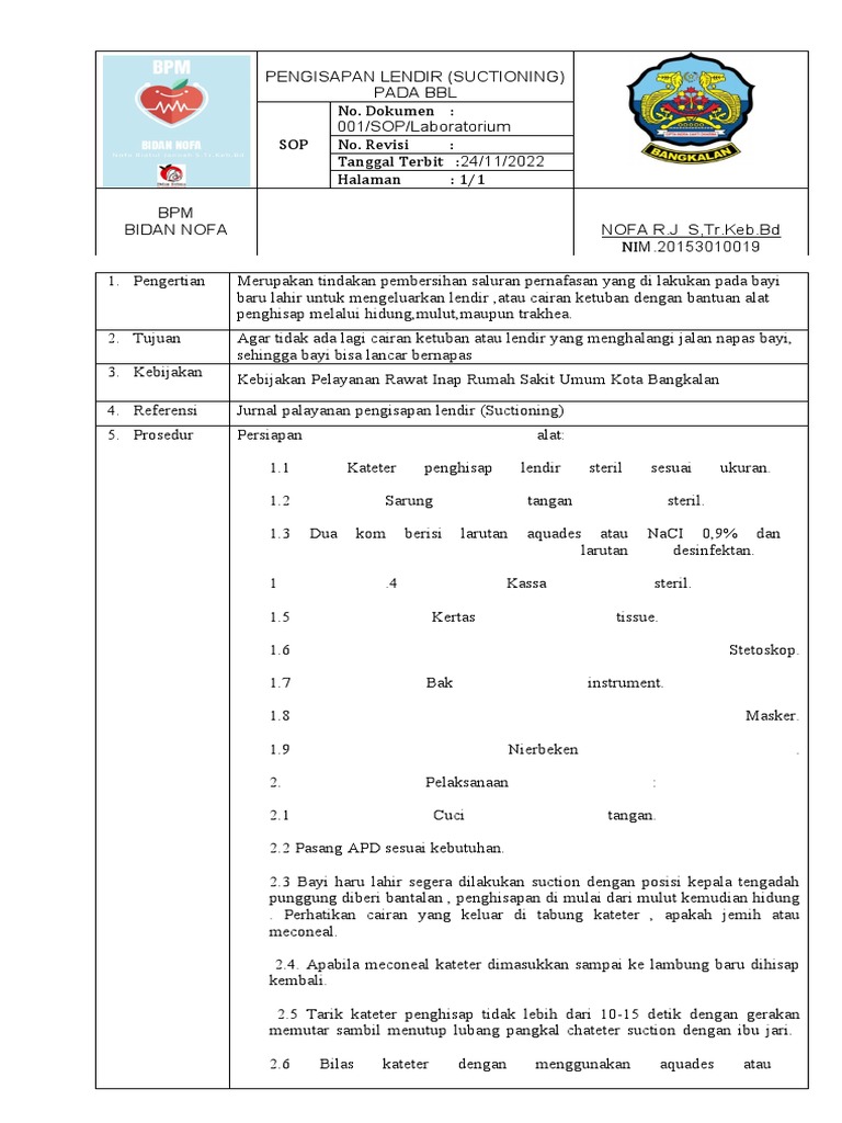 Sop Isap Lendir BBL Nofa | PDF