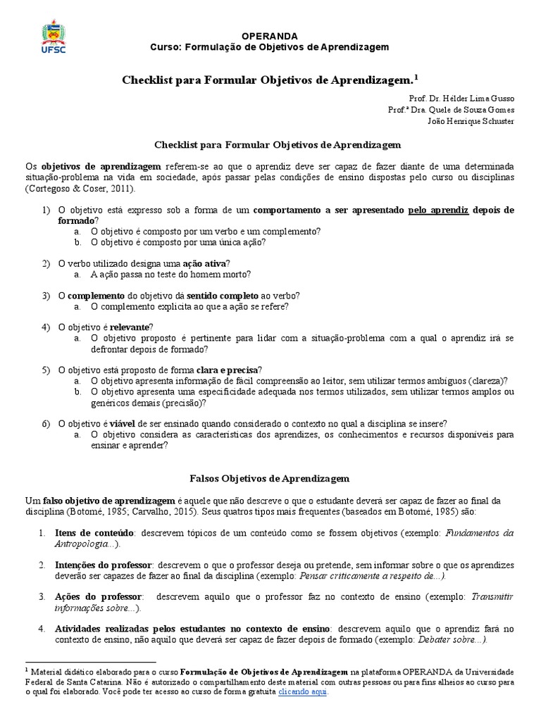 Checklist para Formular Objetivos de Aprendizagem | PDF | Aprendizado ...
