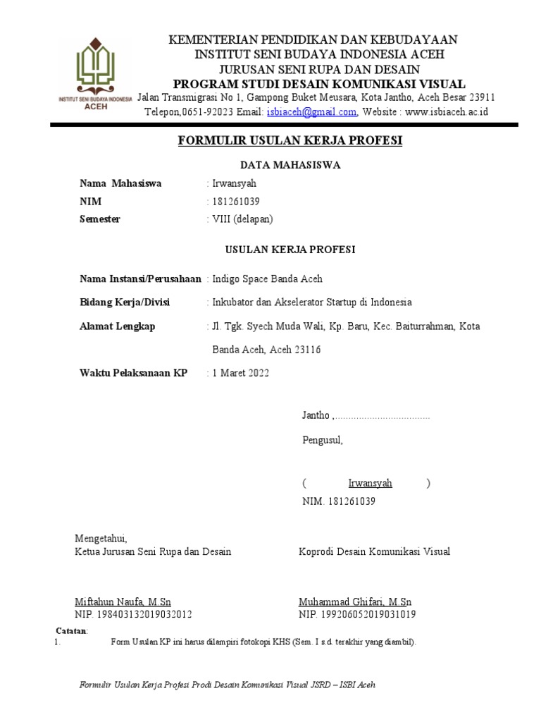CONTOH Form Magang 2022 | PDF
