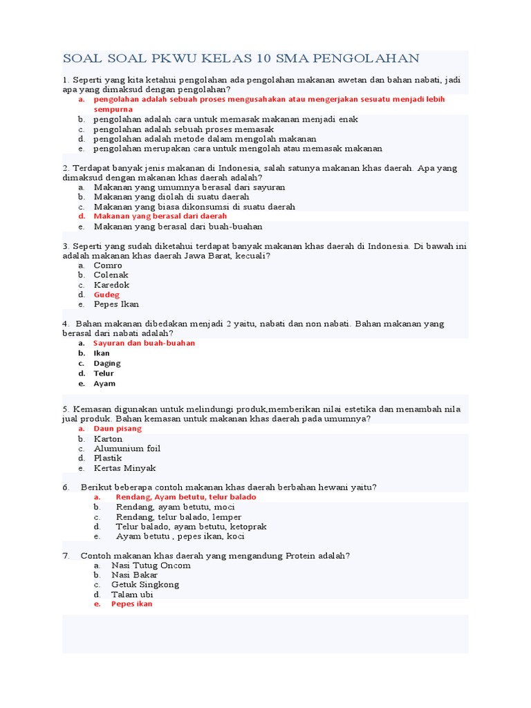 Soal Soal Pkwu Kelas 10 Sma Pengolahan Uts | PDF