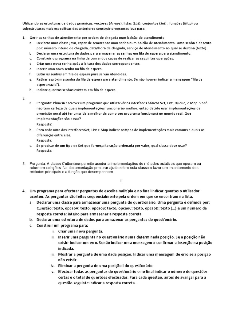 2 - Exercicios de Escolha de Estruturas de Dados em Java | PDF | Classe ...