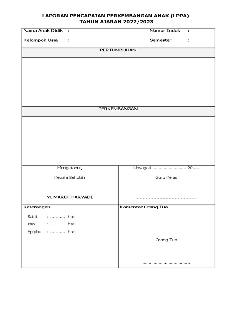 Format Lppa Paud Laporan Perkembangan Anak | PDF