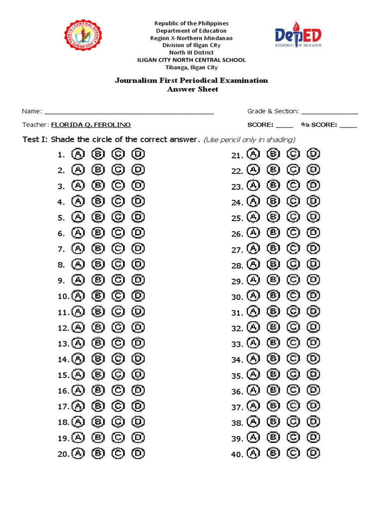 4Q-Answer Sheet-Pretest | PDF