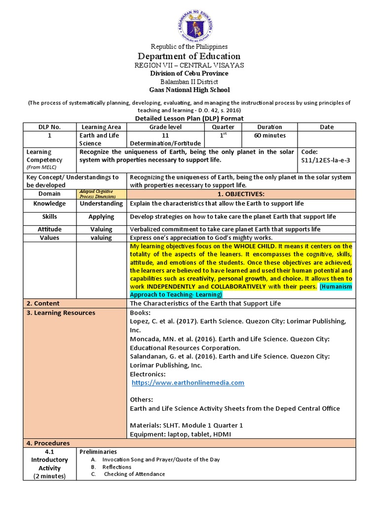 Characteristics of Earth That Supports Life | PDF | Learning | Rubric ...