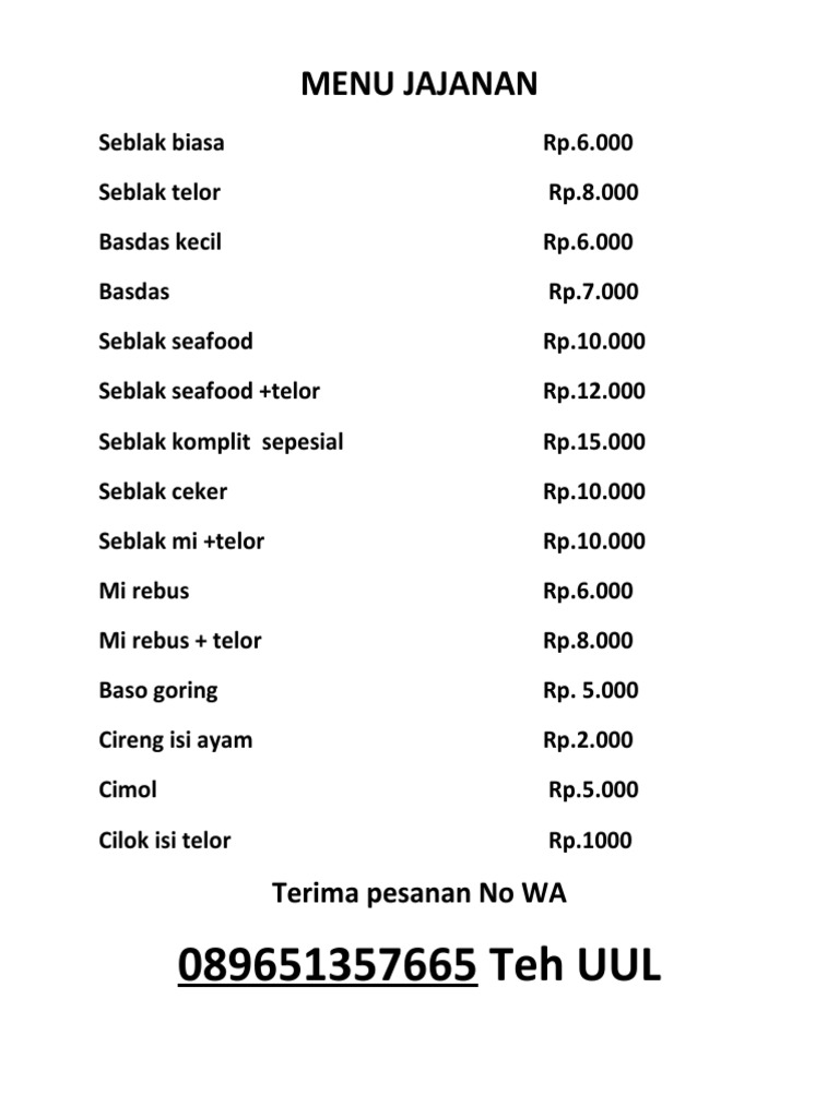 Daftar Menu Jajanan Warung UUL | PDF