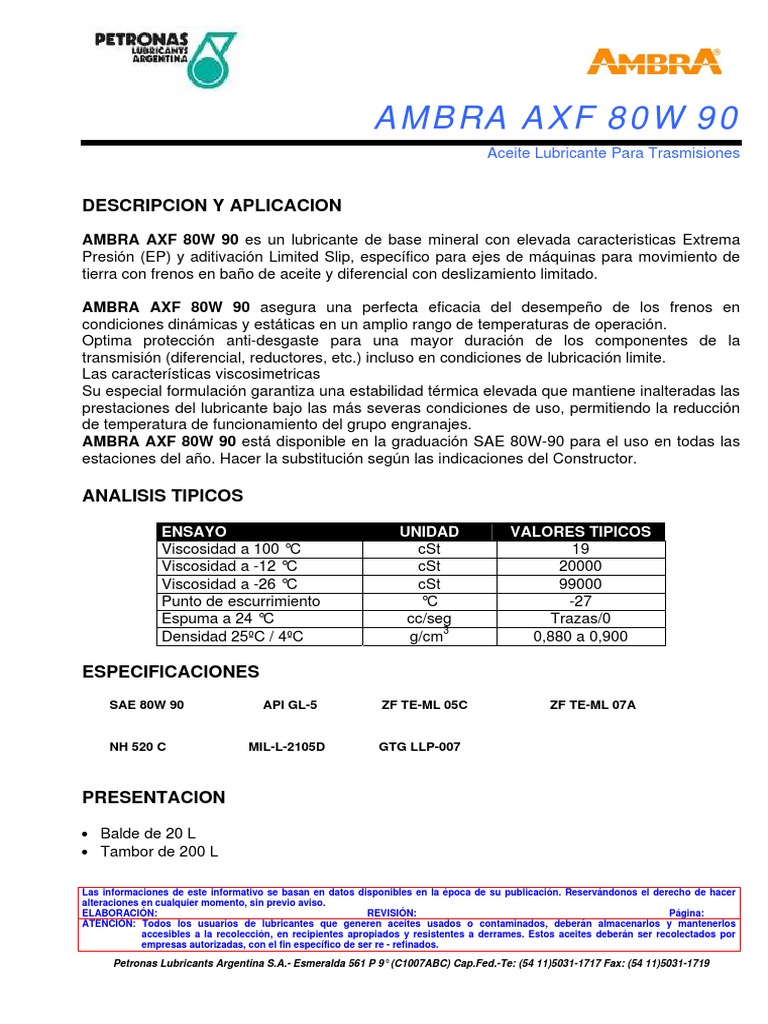 Ambra Axf 80W 90 | PDF | Lubricante | Materiales
