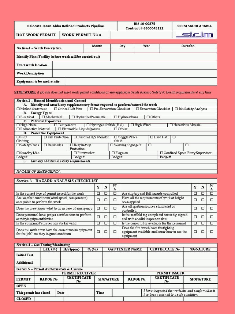 SICIM Form # JAPL - RED-Hot Work Permit | PDF | Physical Sciences ...