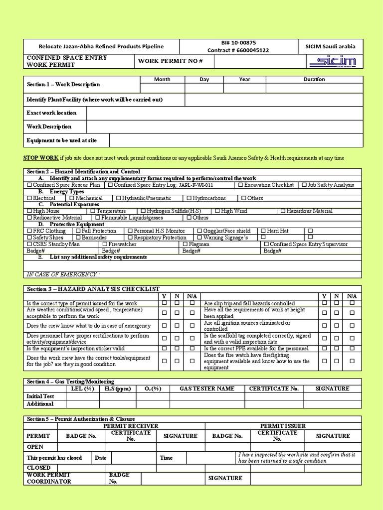 SICIM Form# JAPL GREEN-Confined Space Entry Permit | PDF | Safety ...
