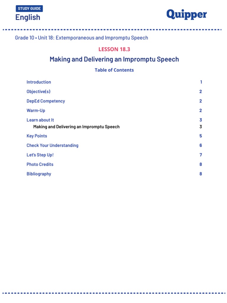 ME Eng 10 Q2 1803 SG Making and Delivering An Impromptu Speech | PDF
