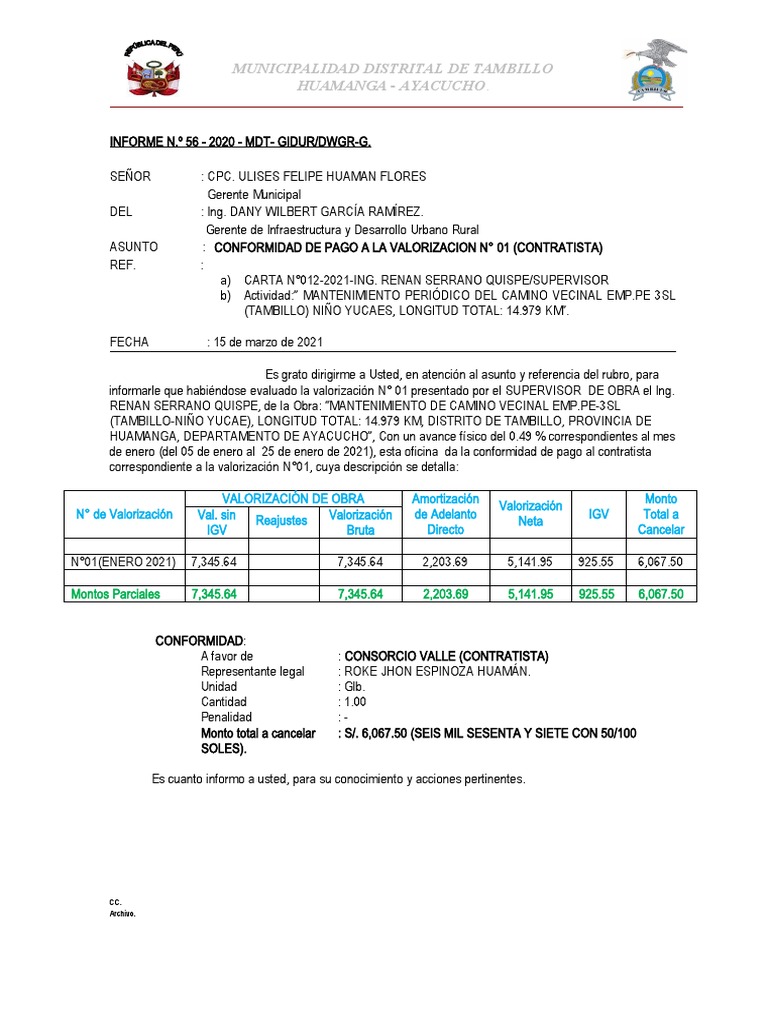 Informes #56 Conformidad Pago Val 01 | PDF