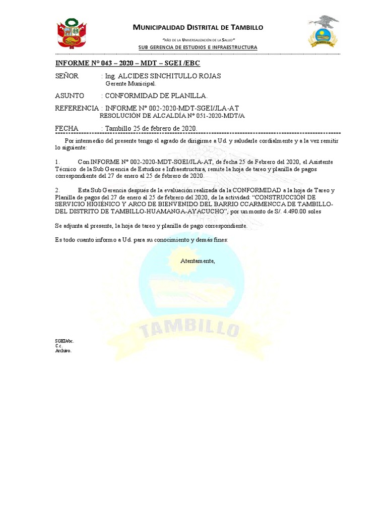 Informe 043 Informe De Planilla De Pago Pdf