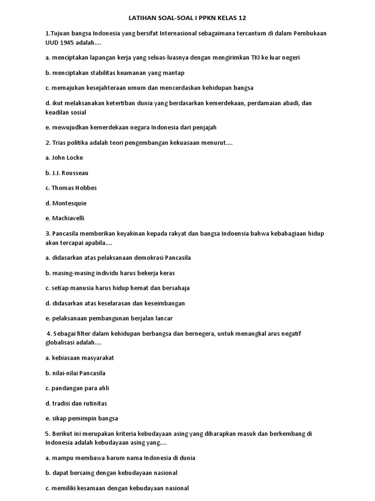 LATIHAN SOAL-SOAL I PPKN KELAS 12 | PDF