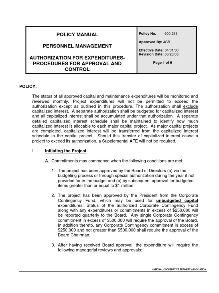 Policy Manual Personnel Management Authorization For Expenditures ...