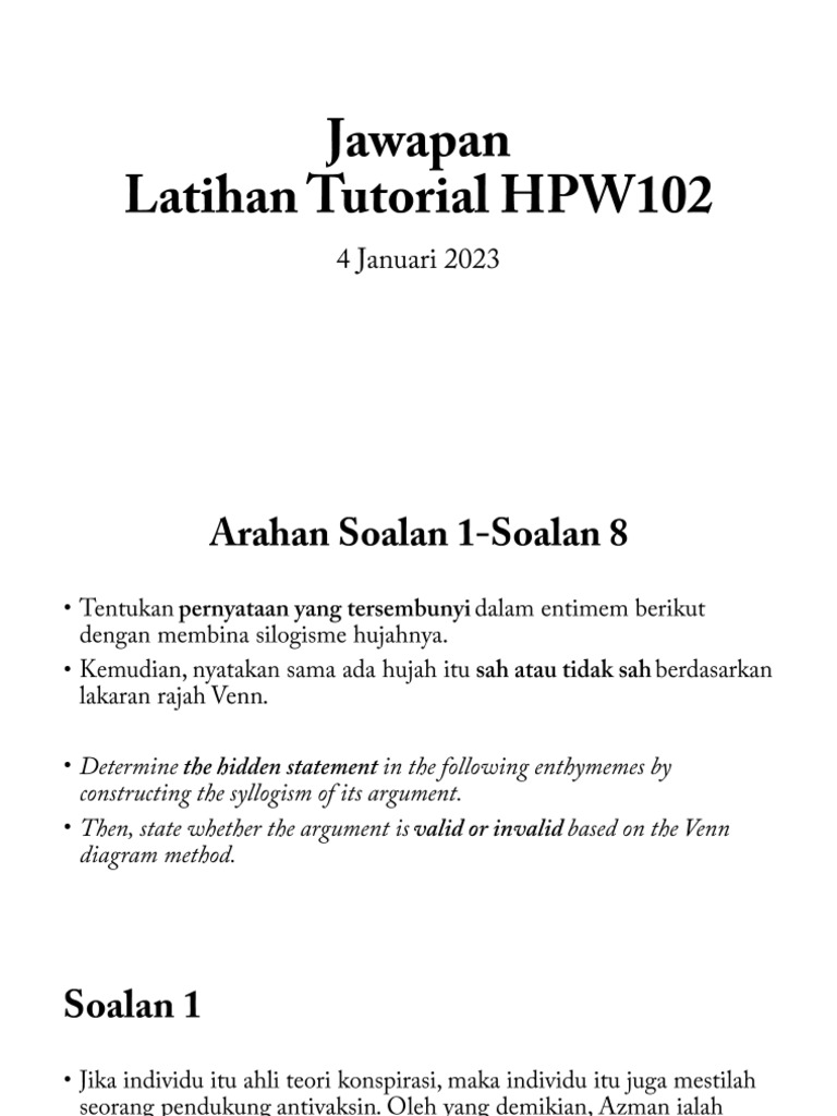 Latihan Tutorial 05 Penggunaan Rajah Venn Bagi Penentuan Kesahan Hujah (Jawapan) | PDF