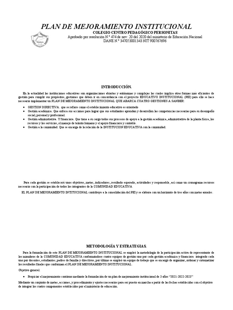 Plan de Mejoramiento Institucional | PDF | Maestros | Institución