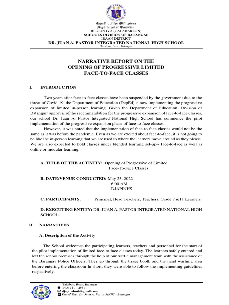 Narrative Report - Opening of Progressive Limited Face To Face Classes | PDF | Teachers | Learning