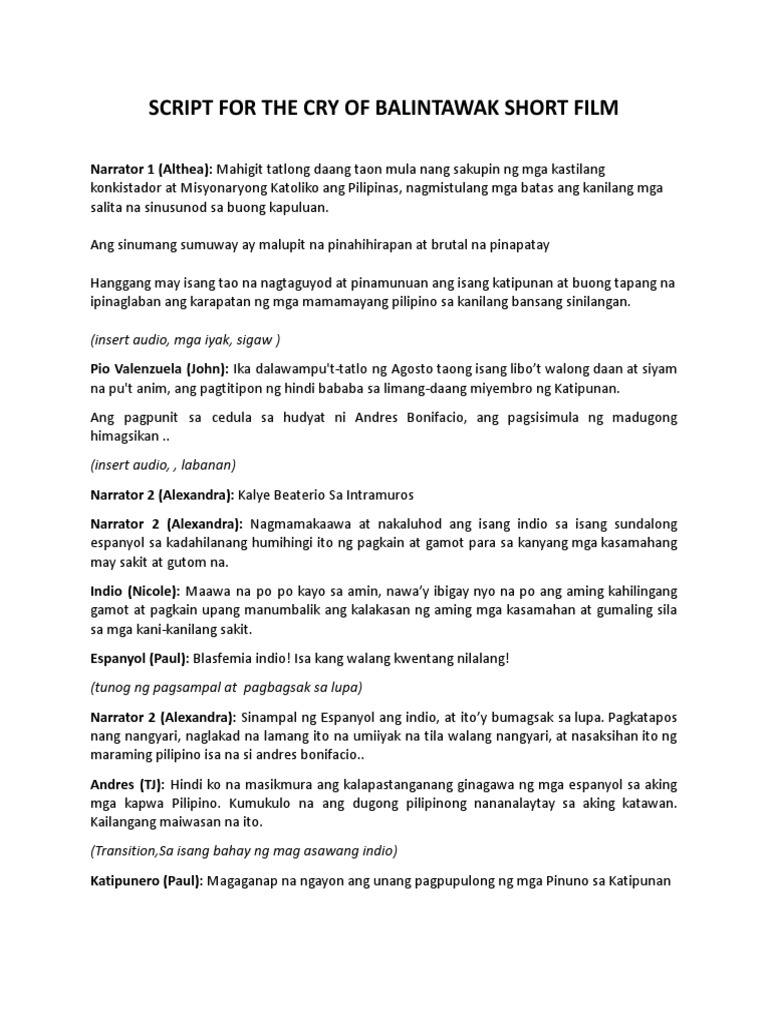 Script For The Cry of Balintawak Short Film | PDF
