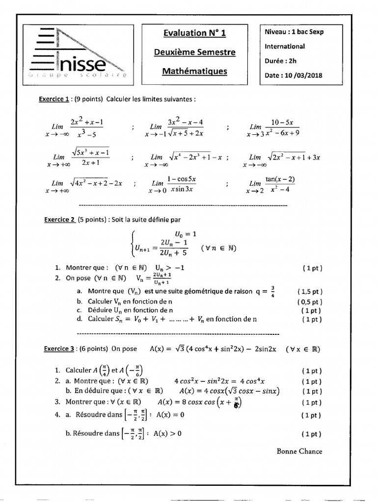 Devoir 1 Modele 2 Mathematiques 1er Bac Sciences Exp Semestre 2 2 | PDF