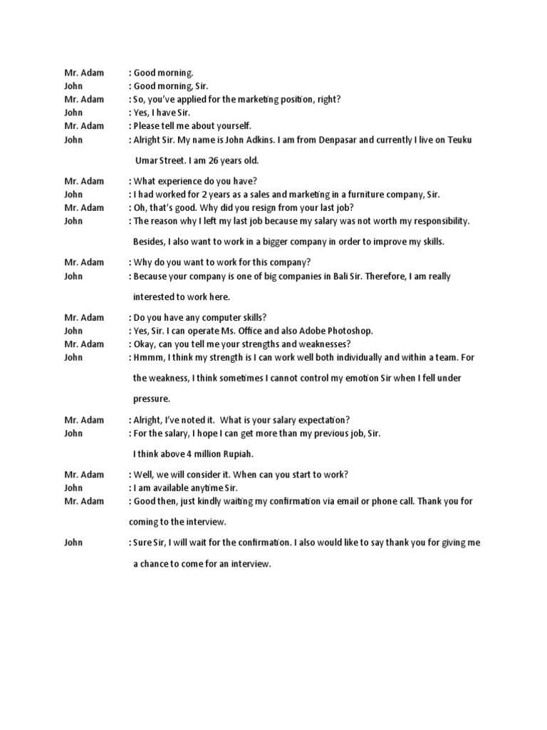 Job Interview Dialogue | PDF | Career & Growth