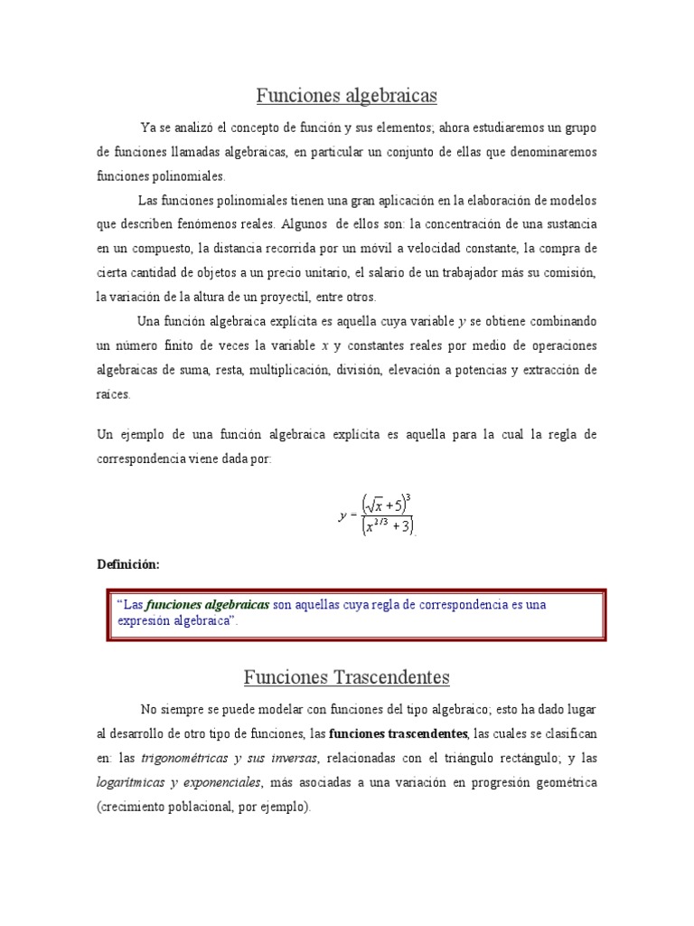 Funciones Algebráicas | PDF | Función (Matemáticas) | Funcion exponencial