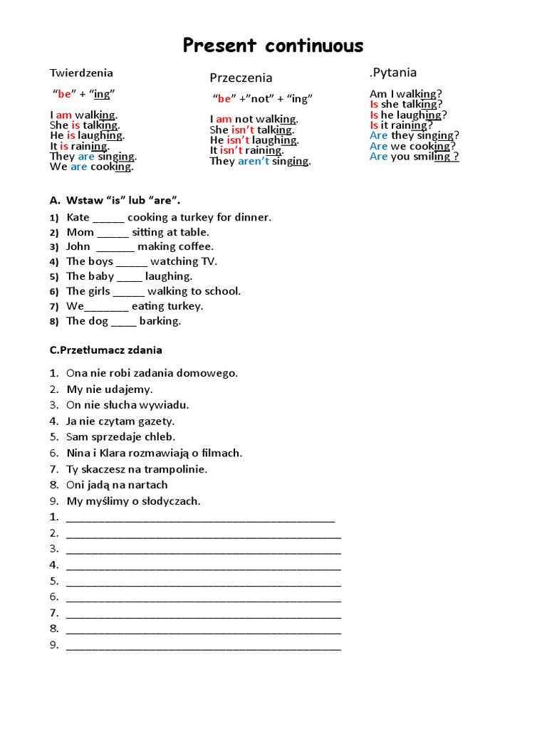 Present Continous Podstawowe Zadania | PDF