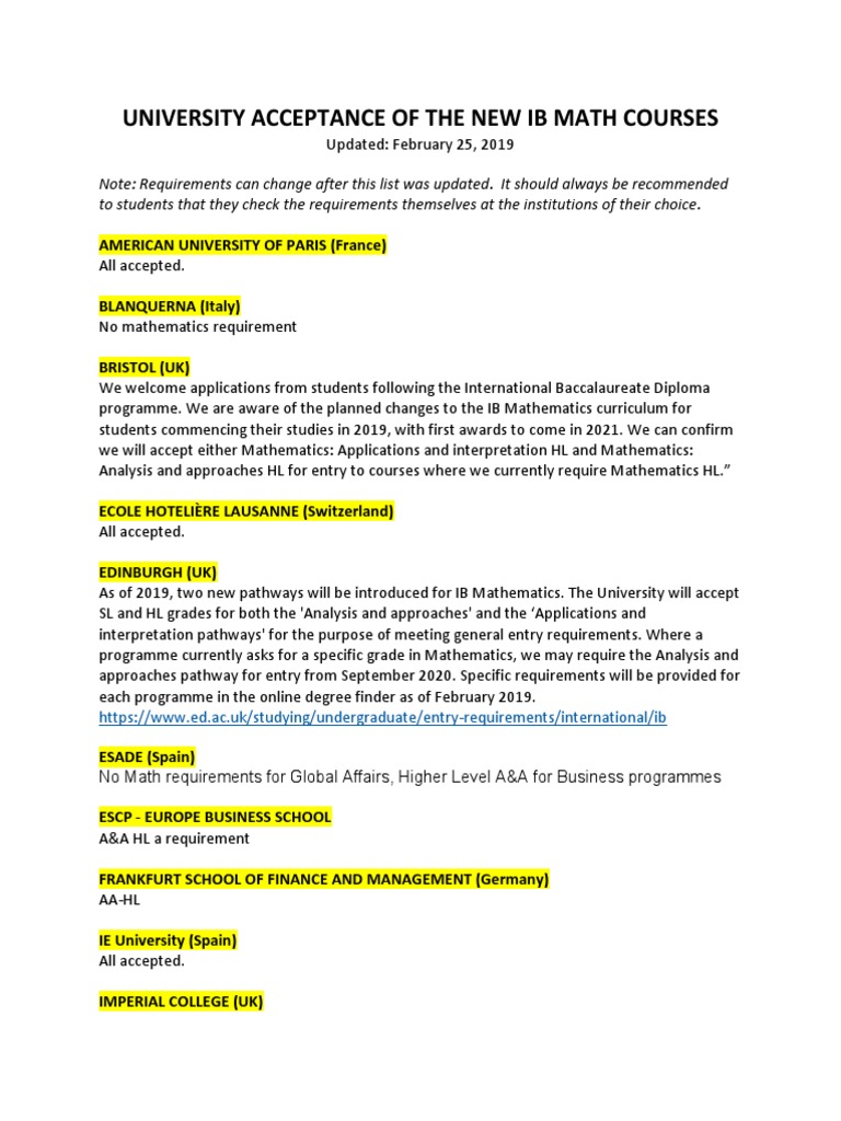 University Acceptance of New IB Math Courses | PDF | Mathematics ...