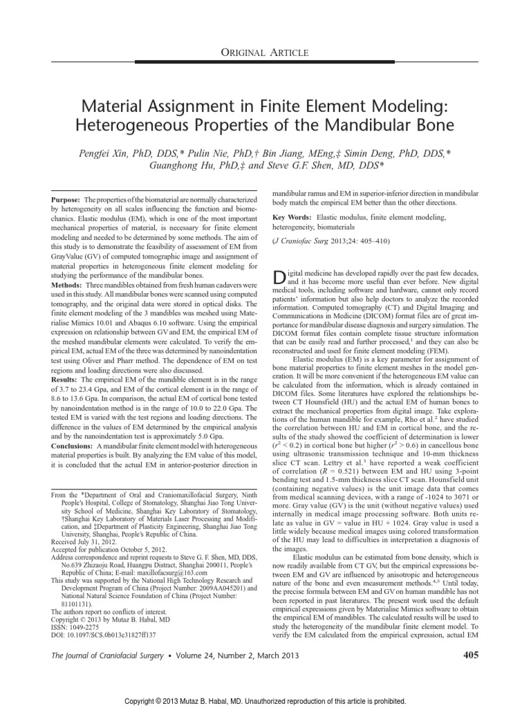 Material Assignment in Finite Element Modeling Heterogeneous Properties of The Mandibular Bone | PDF