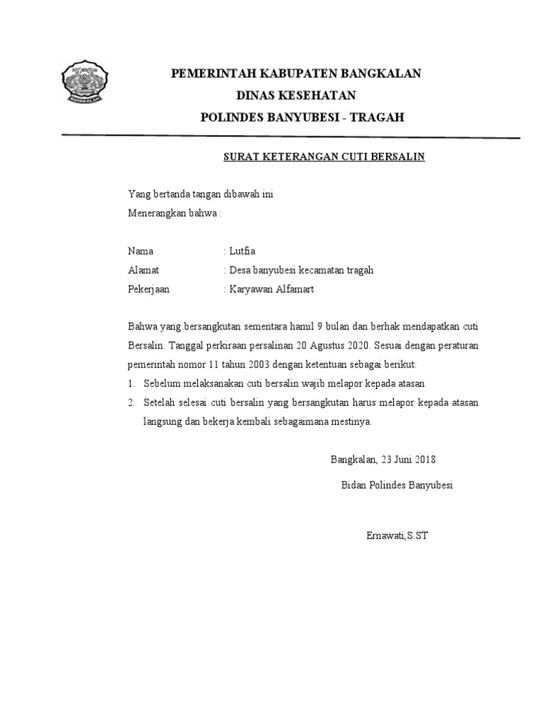 Surat Cuti Bersalin | PDF