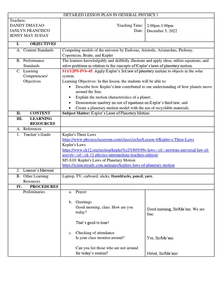 Detailed Lesson Plan in General Physics 1 | PDF | Orbit | Heliocentrism