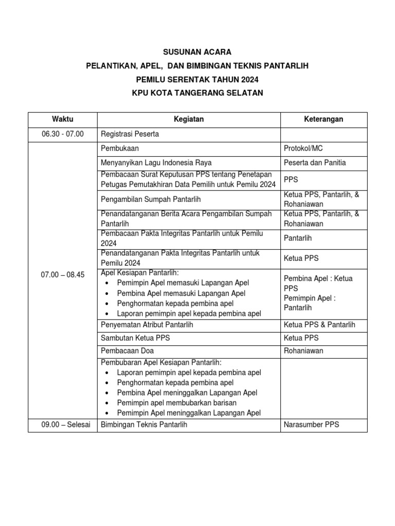 SUSUNAN ACARA APEL, PELANTIKAN DAN BIMTEK PANTARLIH Ref1 | PDF