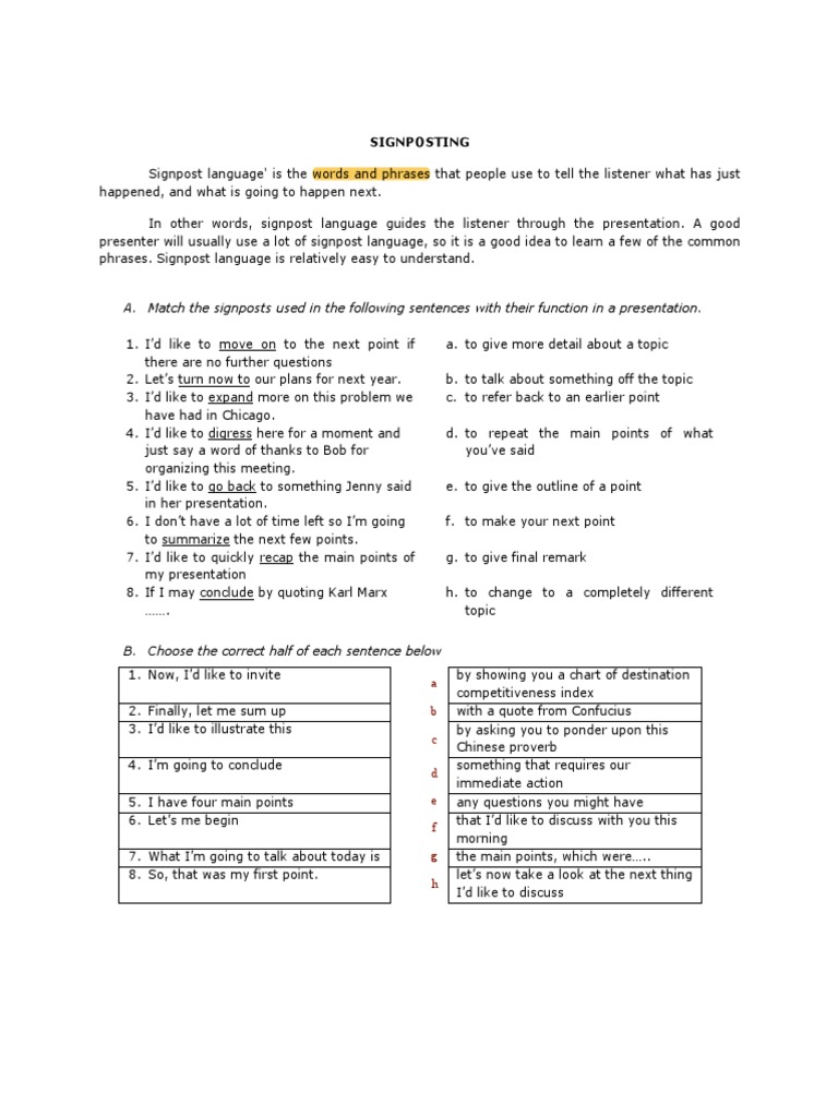 English Presentation Worksheet - Signpost | PDF | Cognitive Science ...