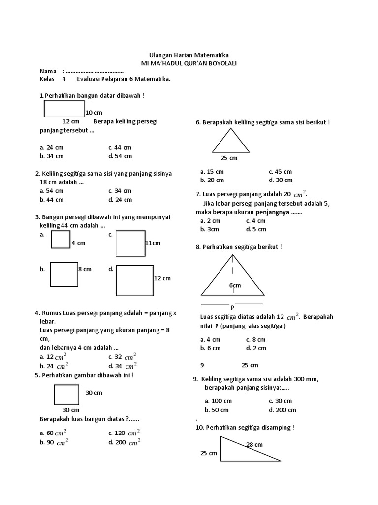 Soal Ulangan Matematika Kelas 4 | PDF | Metode & Bahan Ajar | Griya & Taman