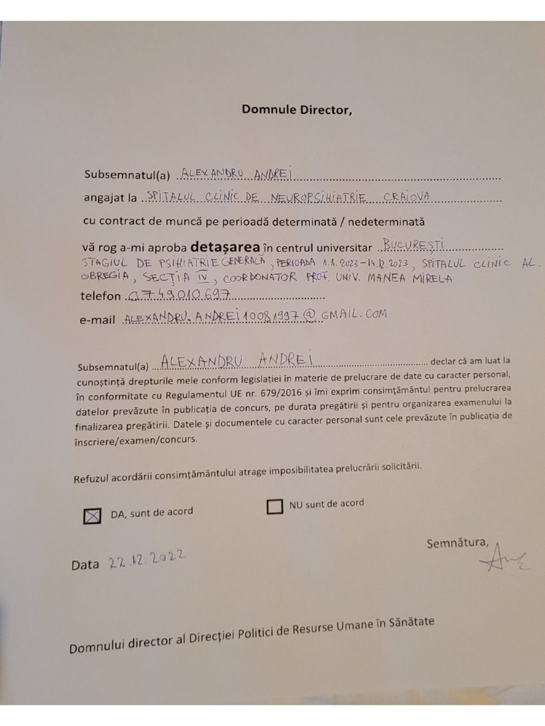 A (2) - Cerere de Detasare Adresata MS | PDF