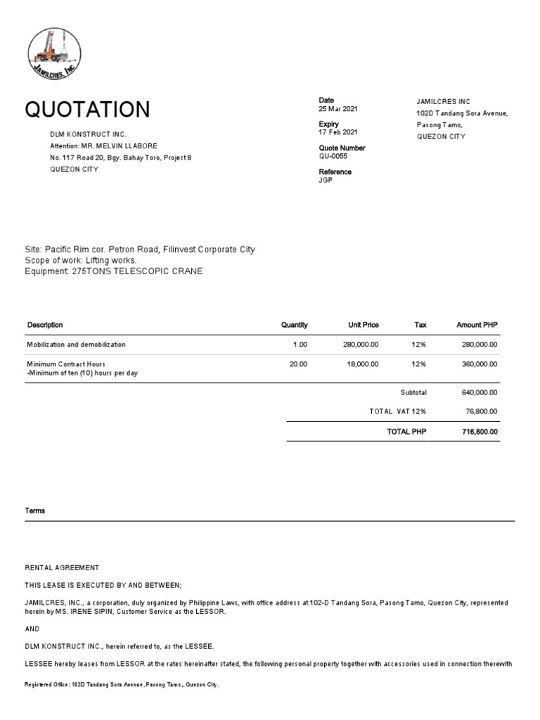 Crane Rental For Quantum | PDF | Lease | Economies