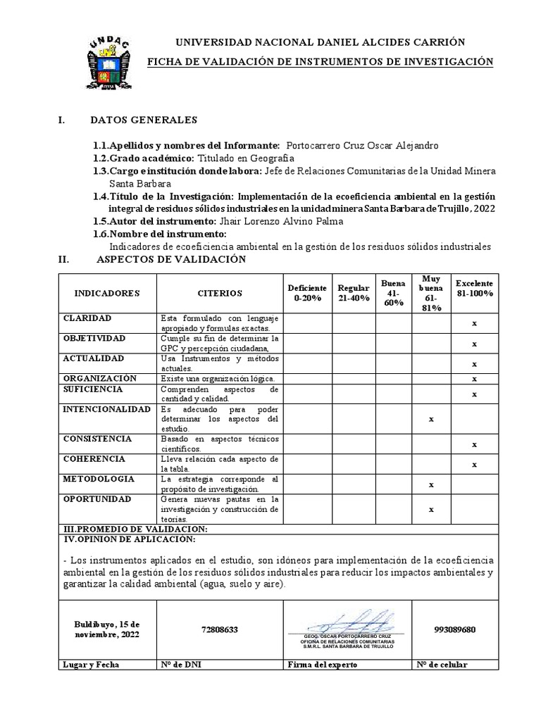 Ficha de Validacion de Instrumentos Oscar Portocarrero Cruz | PDF