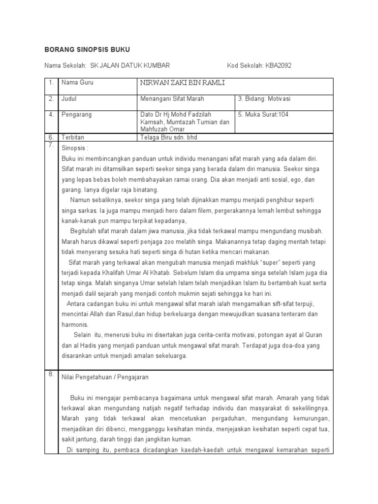 Borang Sinopsis Buku 2 Splkpm2020 Pdf
