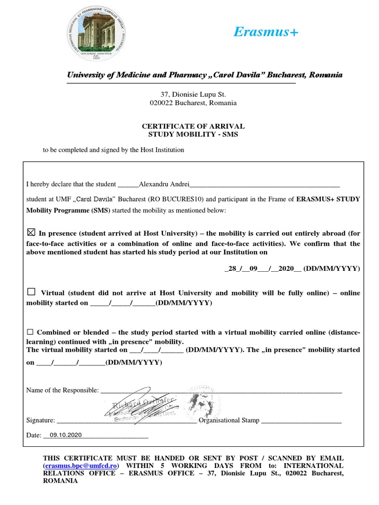 Certificate Of Arrival 2020 Alexandru Andrei Pdf