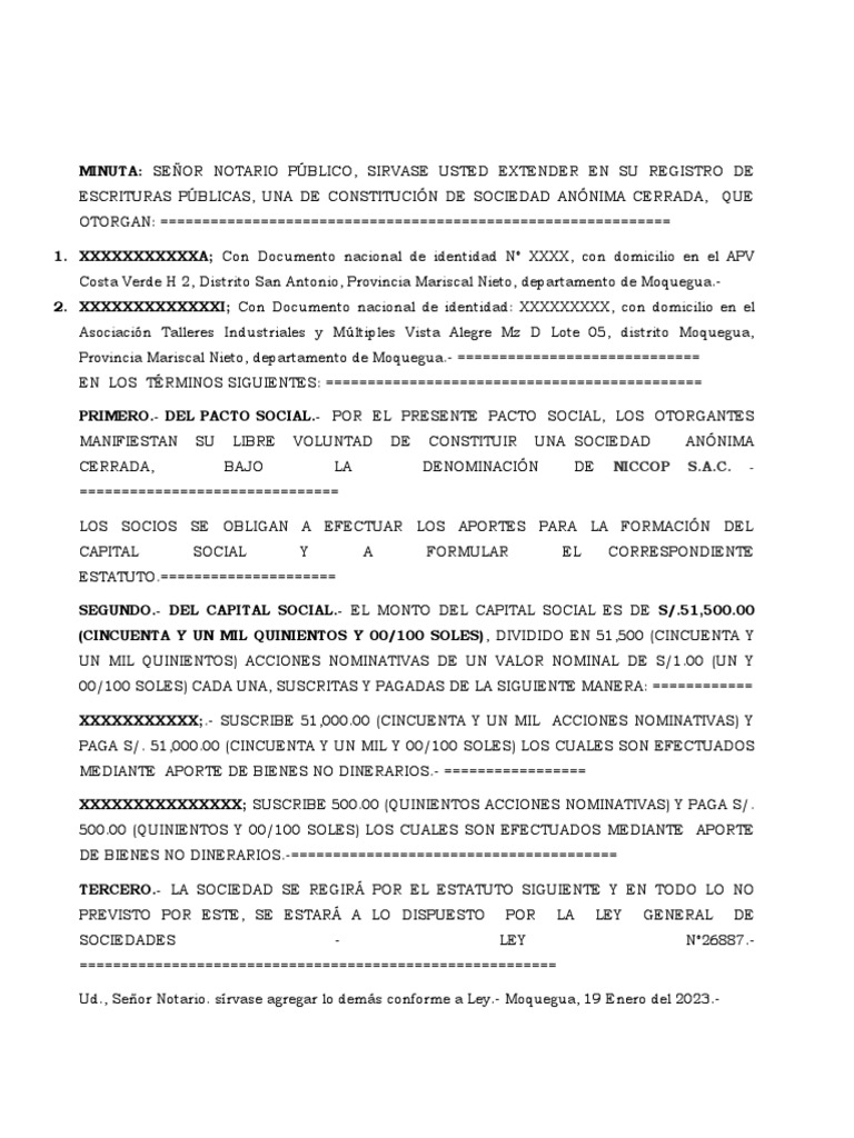 Modelo de Minuta para Constitucion de Empresa Sac | PDF | Finanzas y dinero | Derecho