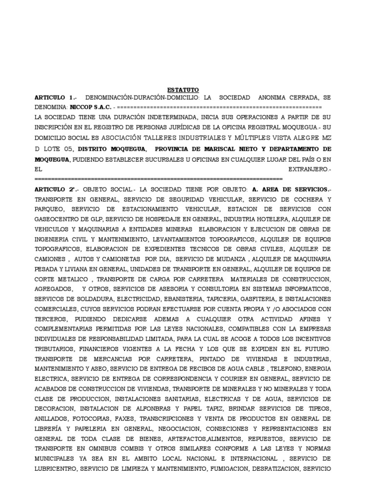 Modelo de Estatuto para Constituir de Empresa Sac | PDF | Bancos | Cheque
