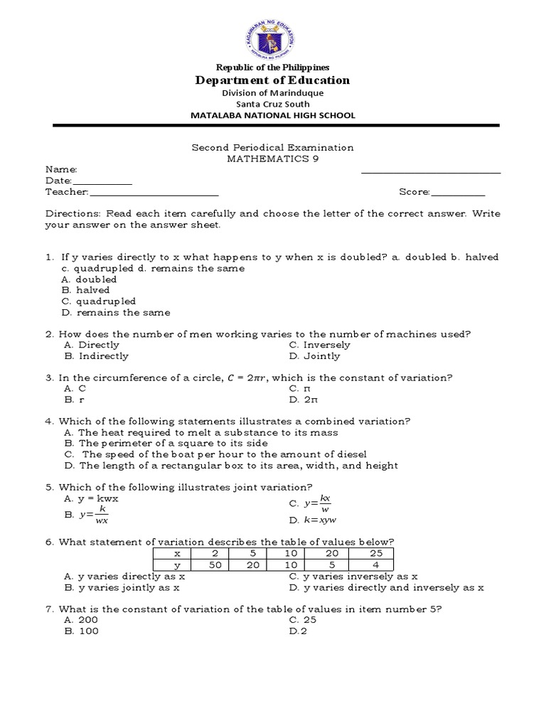 Grade 9 2nd Exam | PDF | Mathematics | Elementary Mathematics