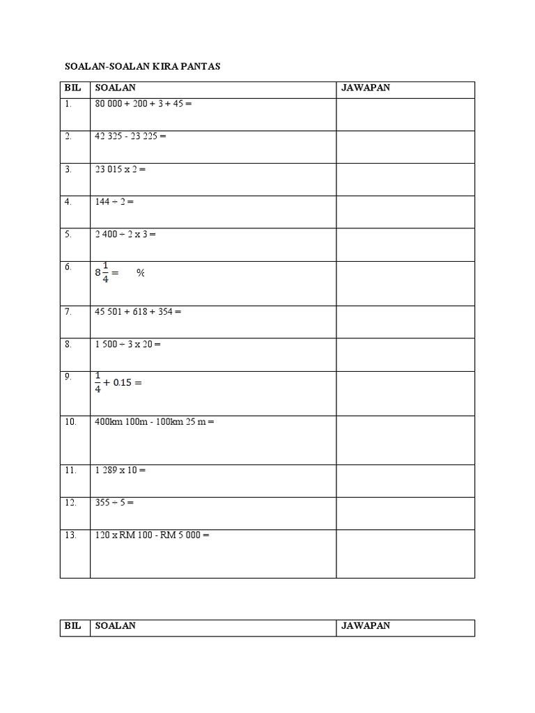100 Soalan Cepat Kira | PDF | Teaching Methods & Materials | Technology ...