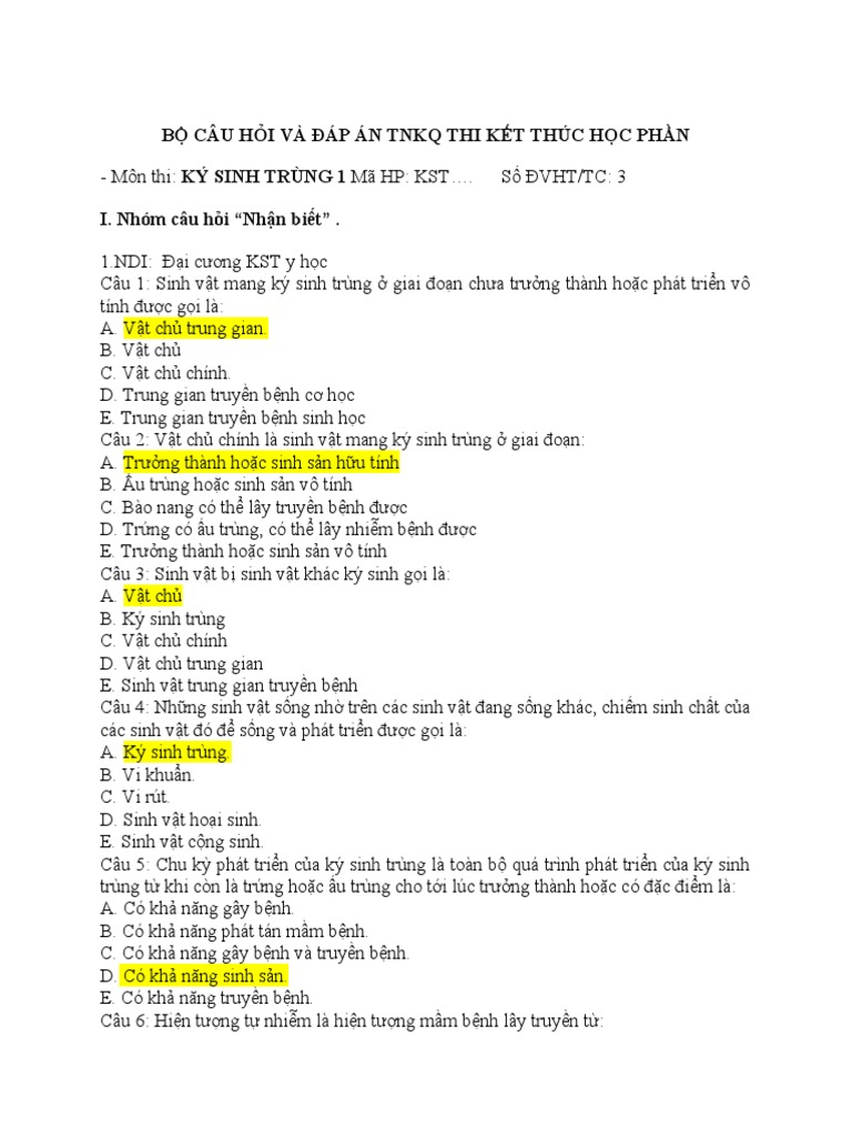 BỘ CÂU HỎI VÀ ĐÁP ÁN TNKQ THI KẾT THÚC HỌC PHẦN | PDF