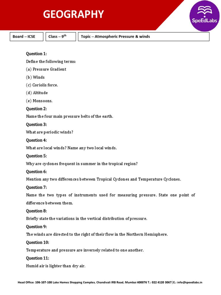 Atmospheric Pressure and Winds - Important Qs - ICSE9th - G - Ch14 ...