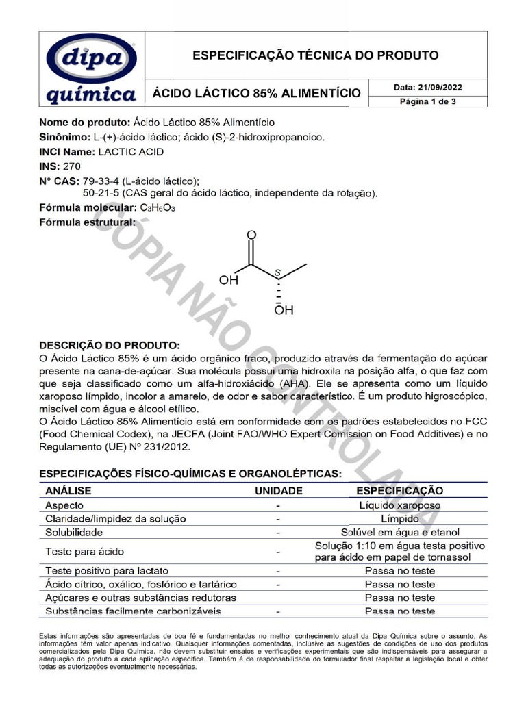 Acido Lactico 85% Alimenticio Purac FCC 85 | PDF