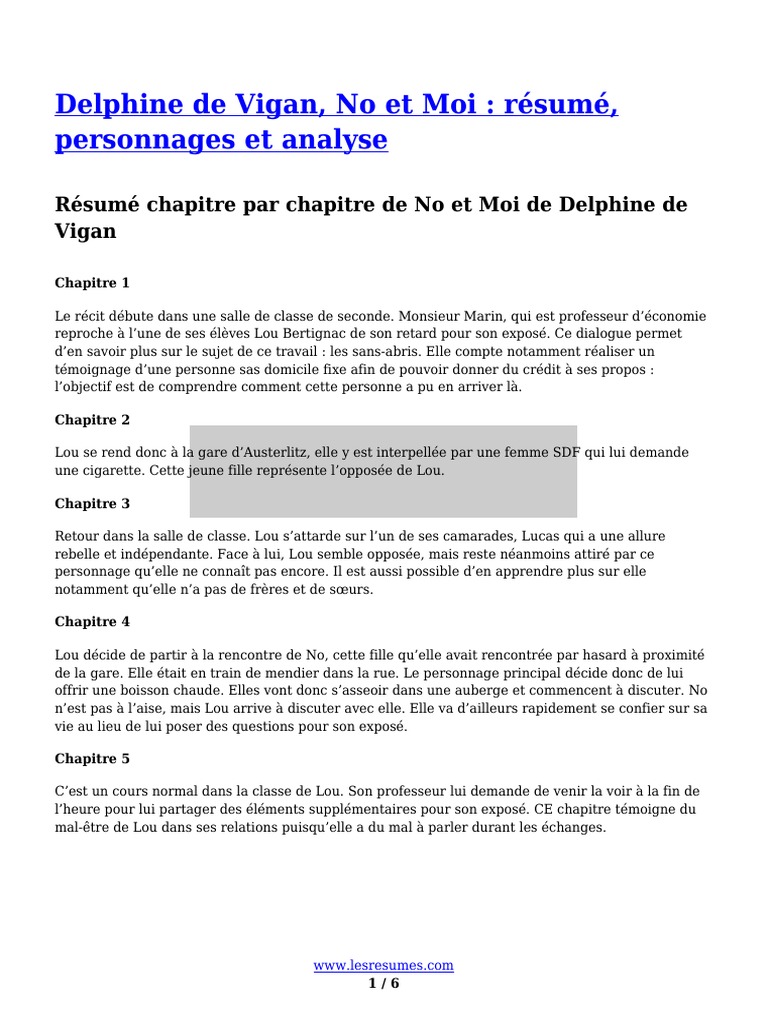 Delphine de Vigan No Et Moi Resume Personnages Et Analyse | PDF | Sans-abri