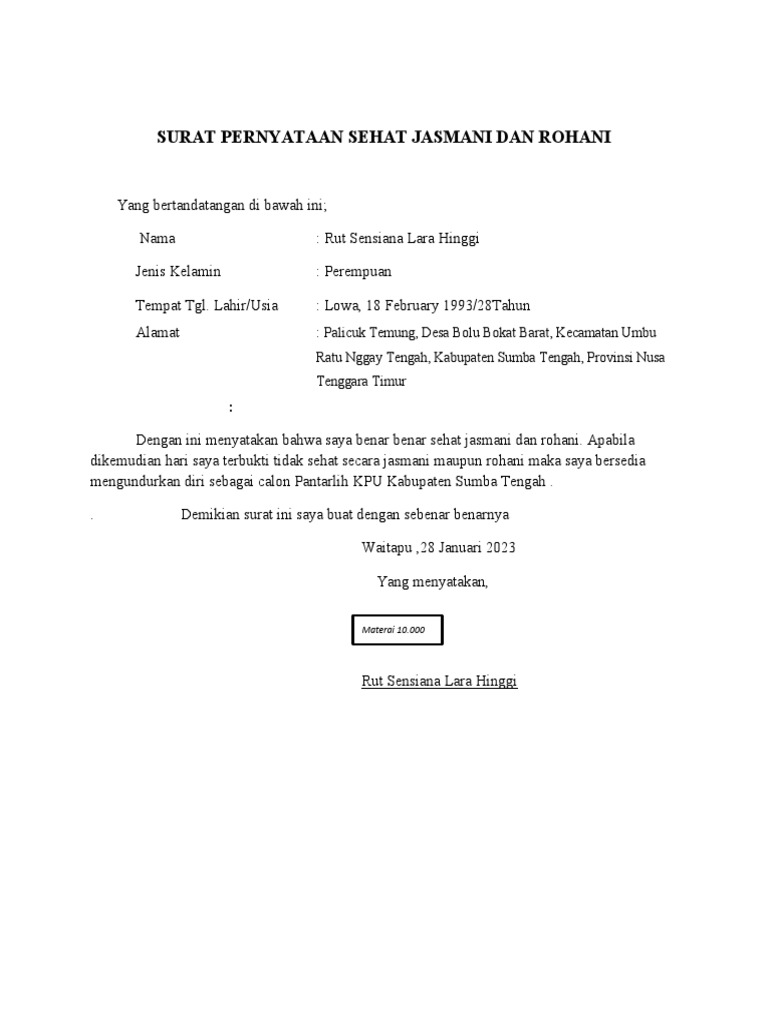 Surat Pernyataan Sehat Jasmani Dan Rohani | PDF