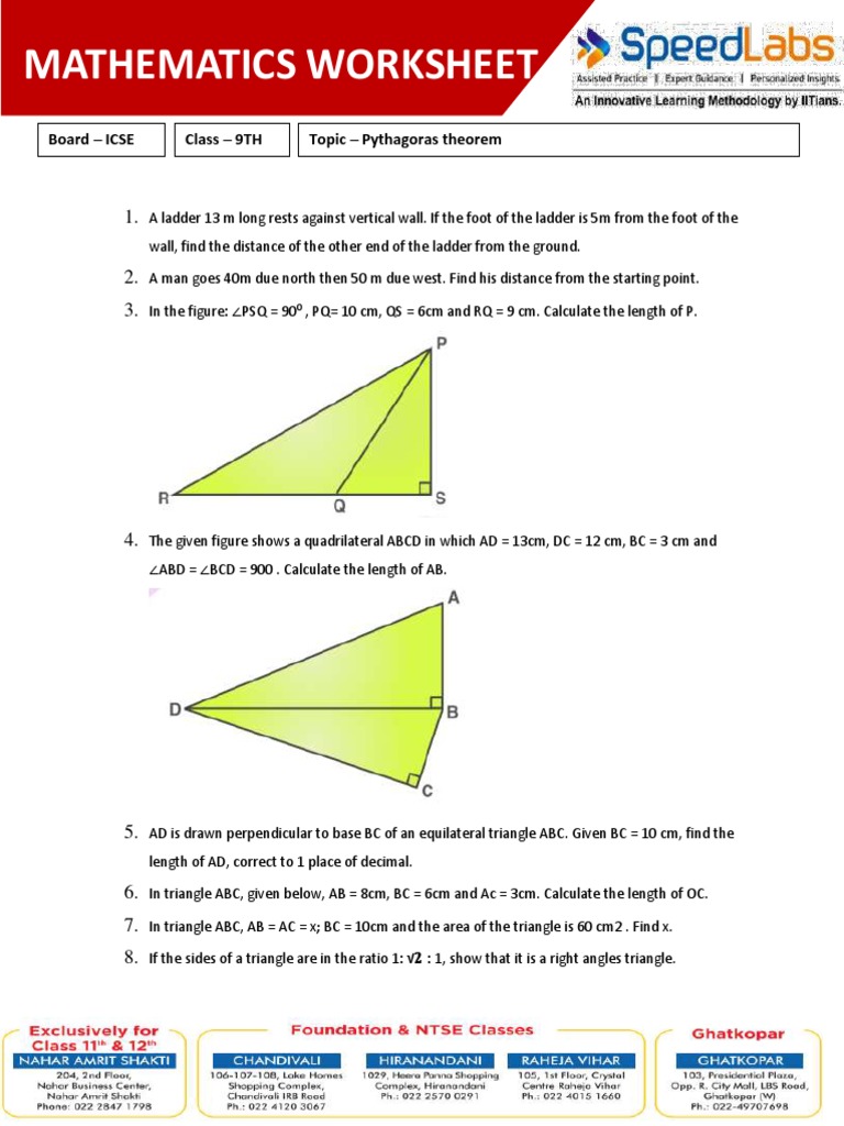 Pythagoras Theorem Worksheet for Class 9 | PDF