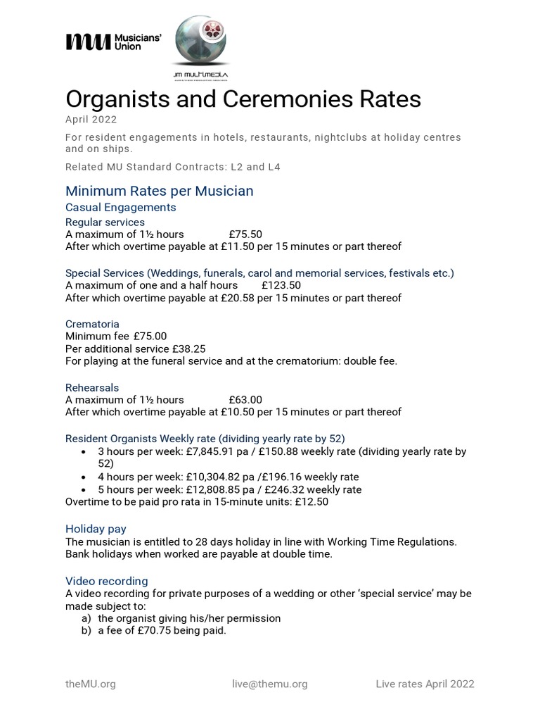 Organists and Ceremonies Rates 2022 | PDF | Musical Instruments | Economies
