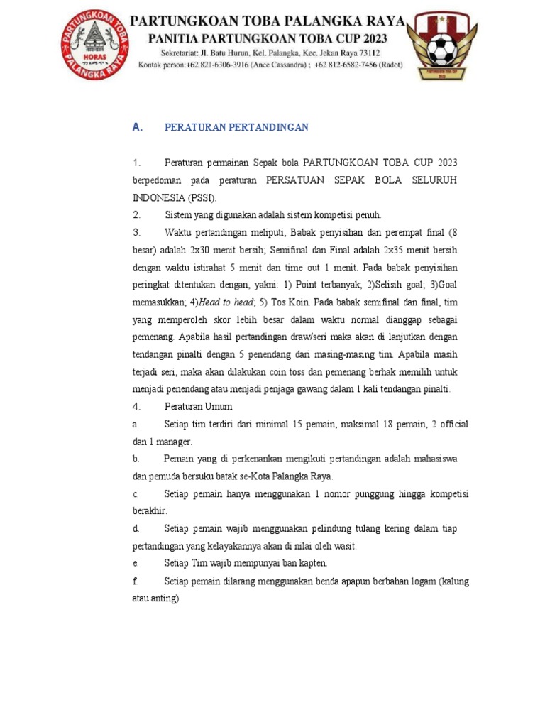 Peraturan Pertandingan Toba Cup 2023 | PDF